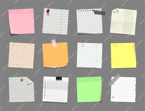 Realityk 종이 세트 빈 시세 참고 페이지 찢어진 종이 드로잉 핀 테이프 스테이플 바인더 클립 및 기타 벡터 일러스트 레이 션 프리미엄 벡터