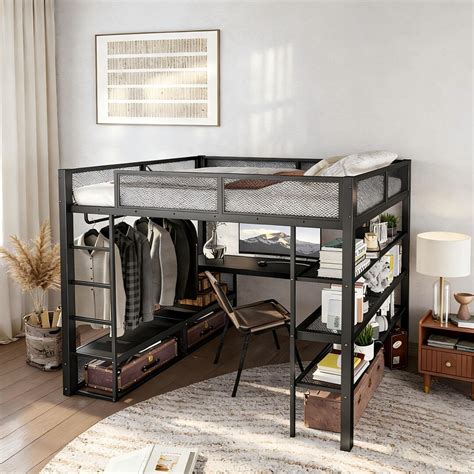 Industrial Black Metal Loft Bed Queen Size Bed Frame With Desk
