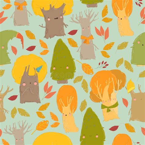 Seamless Pattern With Cartoon Cute Colorful Trees Stock Vector Illustration Of Woodland Leaf