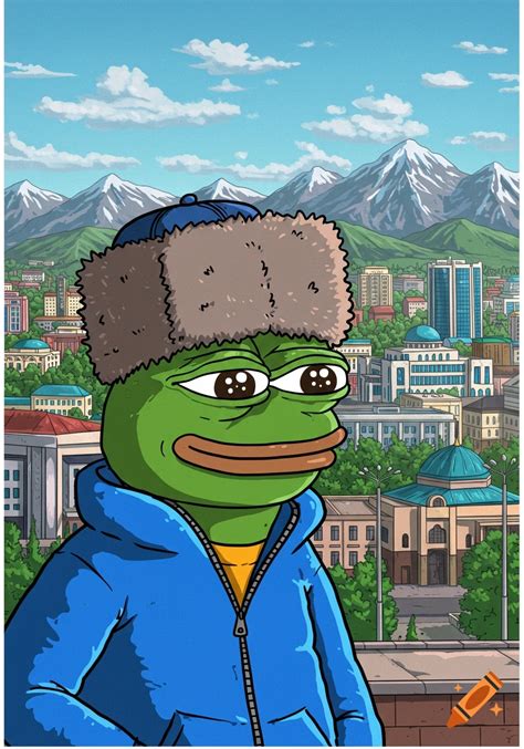Cartoon Pepe The Frog In A Furry Hat And Blue Hoodie Overlooks A City