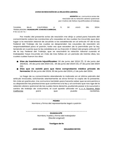 Aviso De Rescisión De La Relación Laboral Pdf Justicia Crimen Y
