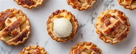 Top View Of Mini Apple Pies With Ice Cream On White Marble Counter