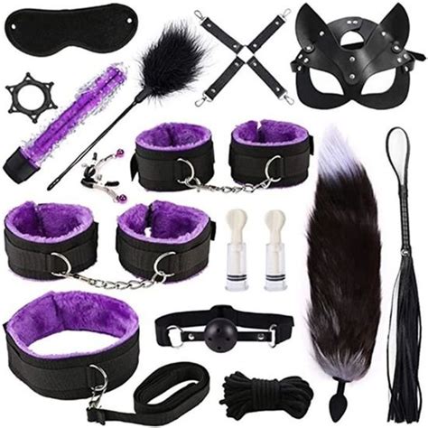 16 Pièces Violet Ensemble De Bondage Bdsm En Cuir Véritable De Haute