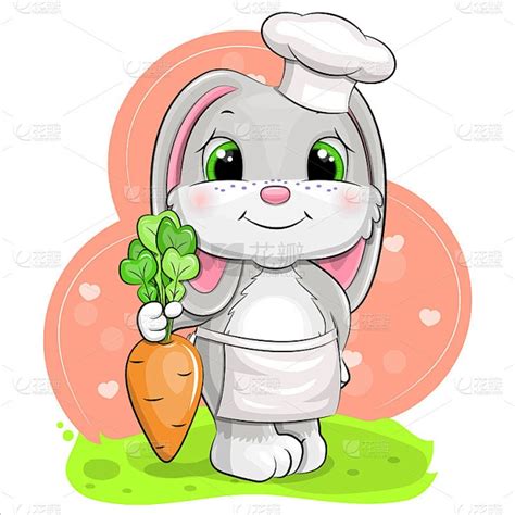 可爱的厨师兔子戴着厨师帽和胡萝卜。素材 花瓣网