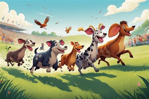 Premium Photo Whimsical Animal Race Through Grass Field Illustration