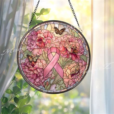Breast Cancer Ribbon Stained Glass Suncatcher Pink Peony And Butterfly