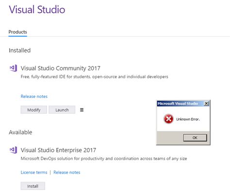 Unknown Error When Launching Visual Studio Community After Installation Stack Overflow