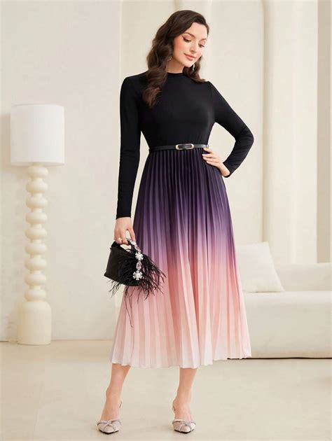Modelyn Ombre Pleated Hem Dress With Beltladies Elegant Pleated Long