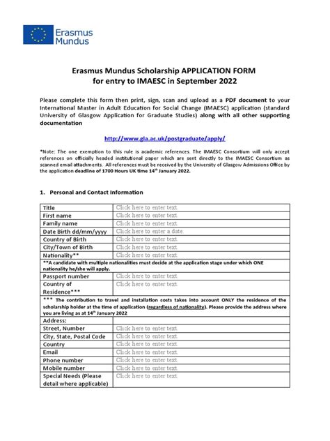 Erasmus Mundus Scholarship Application Form For Entry To Imaesc In