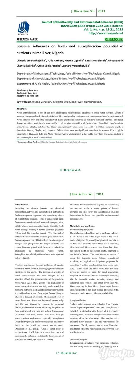 Seasonal Influences On Nutrient Levels And Eutrophication Potential In
