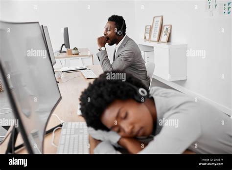 Burnout Yawn And Tired Call Center People Sleeping On Desk With