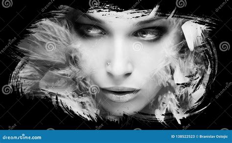 Beautiful Young Woman Bw Portrait With Feathers Studio Shot Stock Image