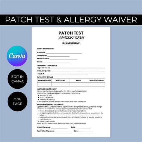 Patch Test Consent Form Canva Allergy Waiver Template Editable