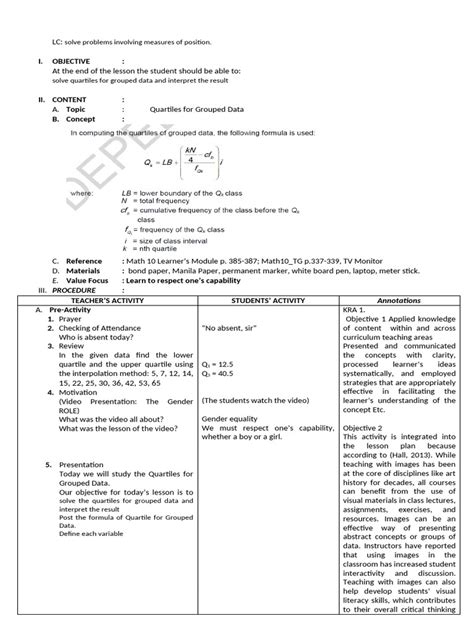 Lesson Plan Quartiles For Grouped Data 2021 Pdf Learning Data