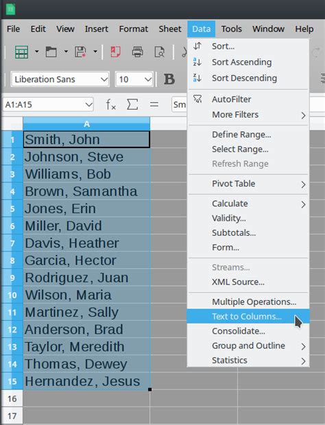 libreoffice calc splitting contents of cells into multiple columns e
