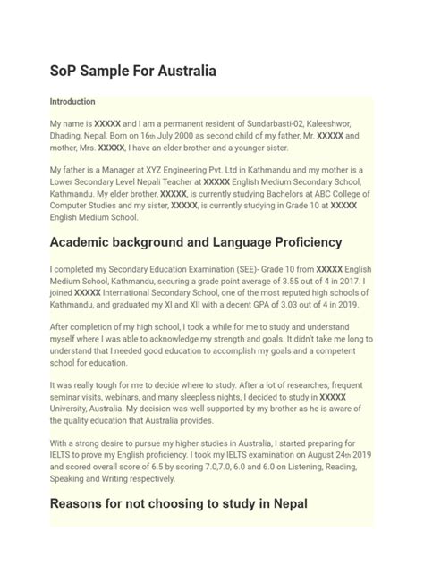 Sop Sample For Australia 300 Words Pdf Travel Visa University