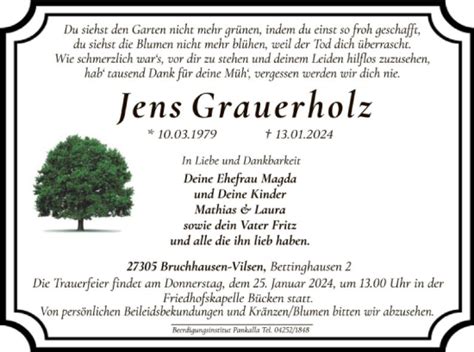 Traueranzeigen Von Jens Grauerholz Trauerkreiszeitungde