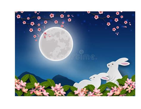 Mid Autumn Or Moon Festivalcelebrate Theme With Full Moon On Cherry