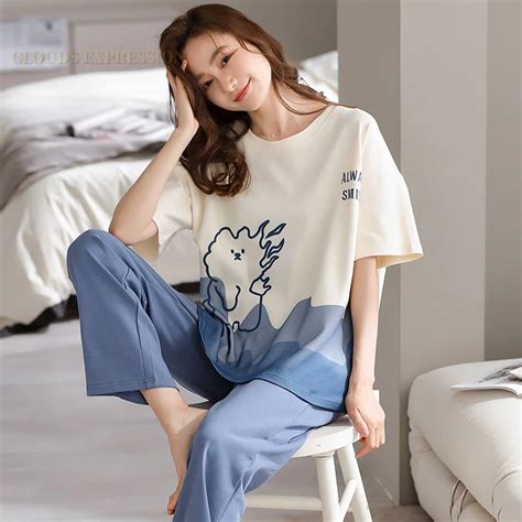 카와이 소녀 Pj 젊은 여성 잠옷 세트 봄 만화 잠옷 여성 라운지웨어 홈웨어 Aliexpress