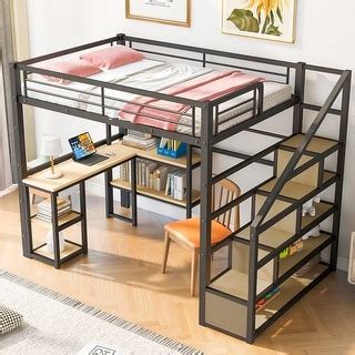 Full Size Loft Bed With Desk And Shelves Two Built In Drawers Storage