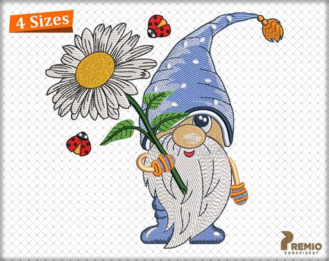 Daisy Gnome Embroidery Design Spring Gnome Embroidery Files Gnome
