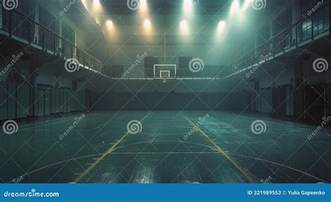 Foggy Night Basketball Court With Lights And Wet Floor Stock Image