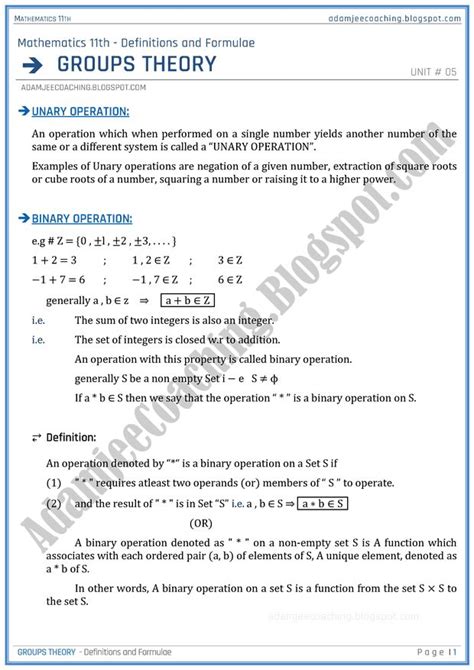 Adamjee Coaching Groups Theory Definitions And Formulae Mathematics 11th Group Theory