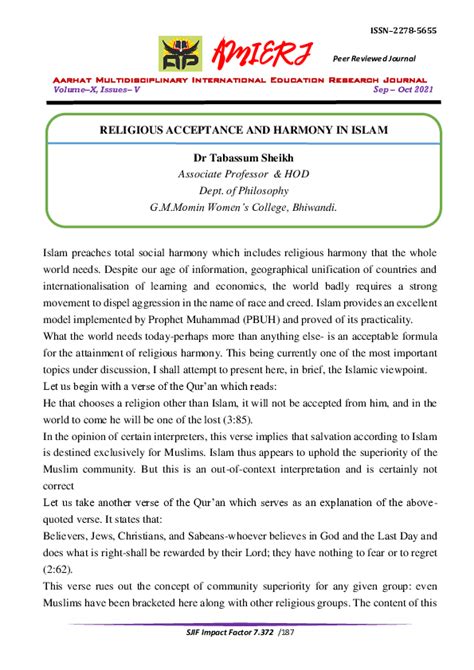 Pdf Religious Acceptance And Harmony In Islam