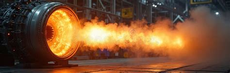 Powerful Jet Engine Tests Release Hot Fiery Exhaust And Smoke In