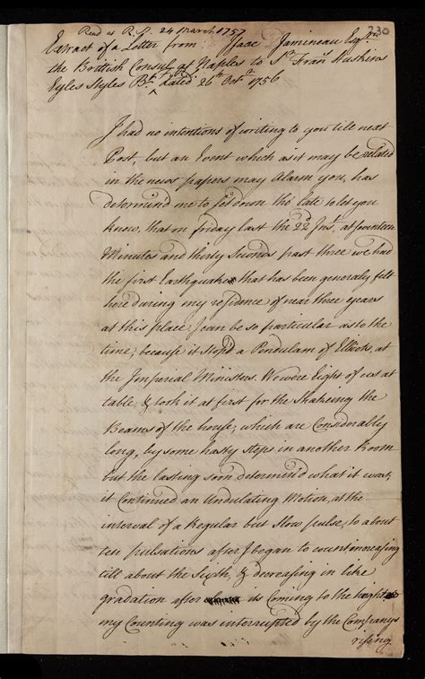 Letter Of An Earthquake Shock At Naples 11 Oct 1756 From Isaac