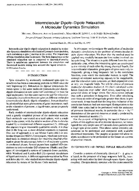 Pdf Intermolecular Dipole Dipole Relaxation A Molecular Dynamics