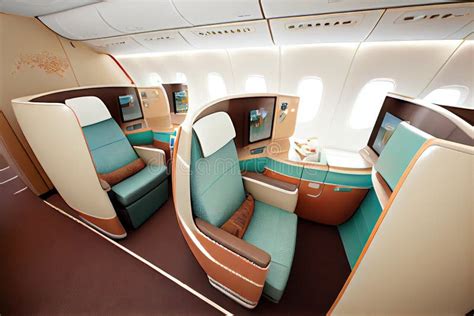 First Class Section Of Plane With Luxurious Seats And Amenities Stock