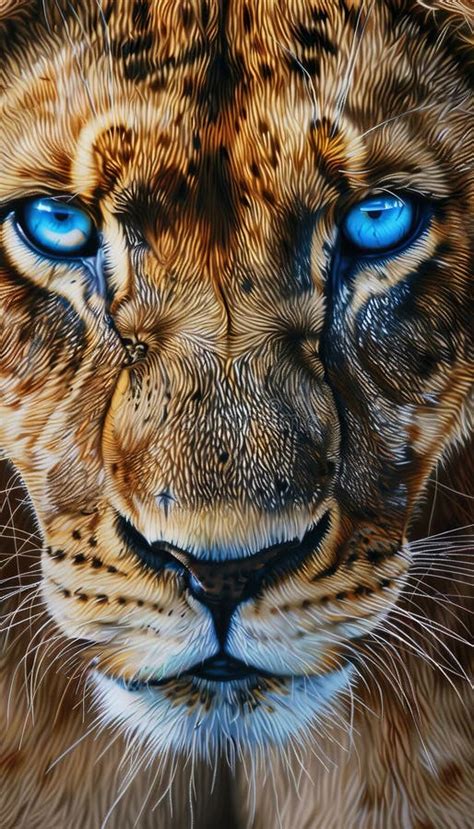 Close Up Of A Lioness With Striking Blue Eyes Showcasing Her Fierce