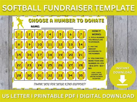 Softball Fundraiser Choose Number To Donate Printable Softball