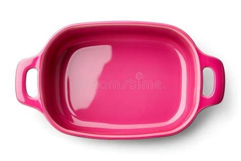 Bright Pink Ceramic Rectangular Baking Dish With Ribbed Handles Isolated On A White Background