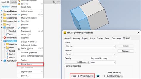 Component Mass After Boolean Operation In Inventor Assembly
