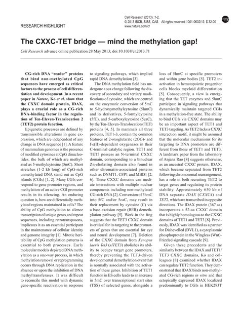 Pdf The Cxxc Tet Bridge Mind The Methylation Gap