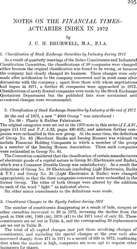 Notes On The Financial Timesactuaries Index In 1972 Transactions Of The Faculty Of Actuaries