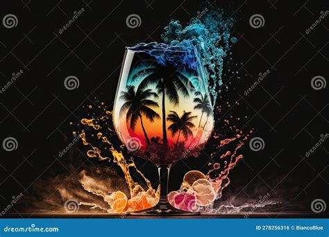 Exploding Glass With Liquid Colored Tropical Cocktail Stock