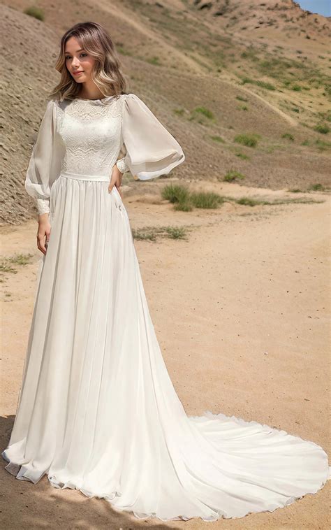 Modest Long Sleeve Casual Rustic A Line Bateau Neck Wedding Dress Gown