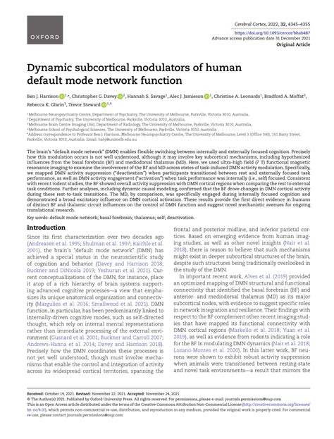 Pdf Dynamic Subcortical Modulators Of Human Default Mode Network Function