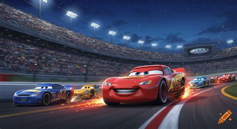 Lightning Mcqueen Racing On A Wet Track Under A Stormy Sky With Rainbow