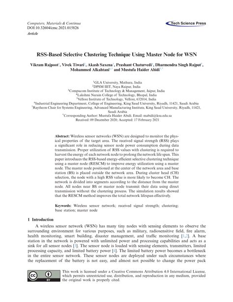 Pdf Rss Based Selective Clustering Technique Using Master Node For Wsn