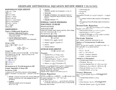 Differential Equations Formulas Sheet