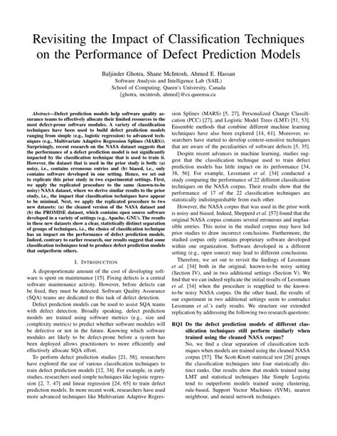 Pdf Revisiting The Impact Of Classification Techniques On The Performance Of Defect Prediction
