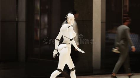Robot Walking Along A Deserted Street In A Big City Humanoid Ai Robot