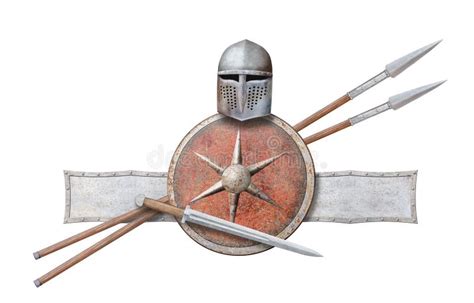 Medieval Helmet Shield Sword And Two Spears Isolated On White Stock