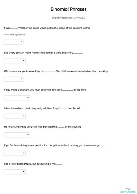Binomial Phrases Interactive Worksheet Topworksheets