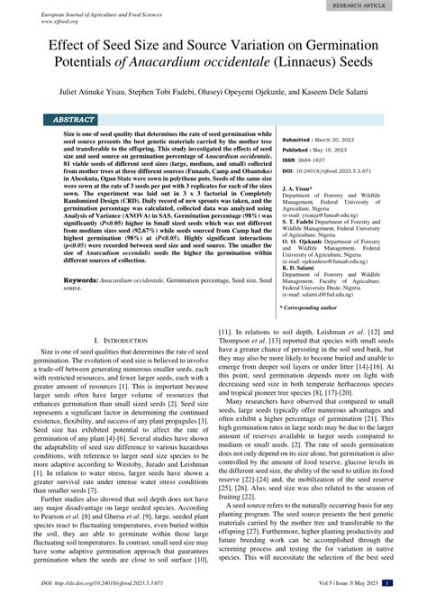 Pdf Effect Of Seed Size And Source Variation On Germination Potentials Of Anacardium