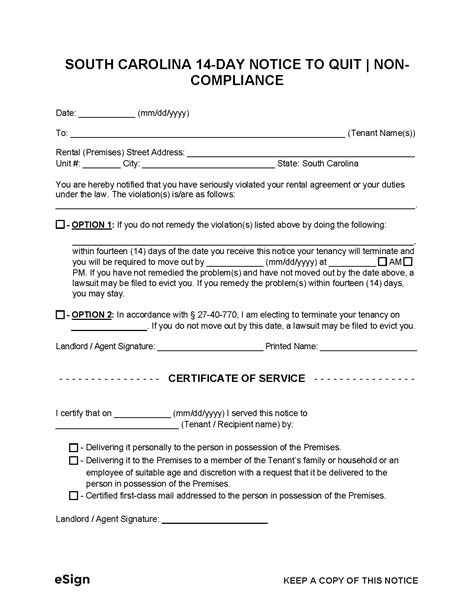 Free South Carolina 14 Day Notice To Quit Non Compliance Pdf Word